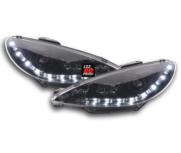 Paire de phares + feux LED de jour fond noir Peugeot 206 1998-2006 369 ...